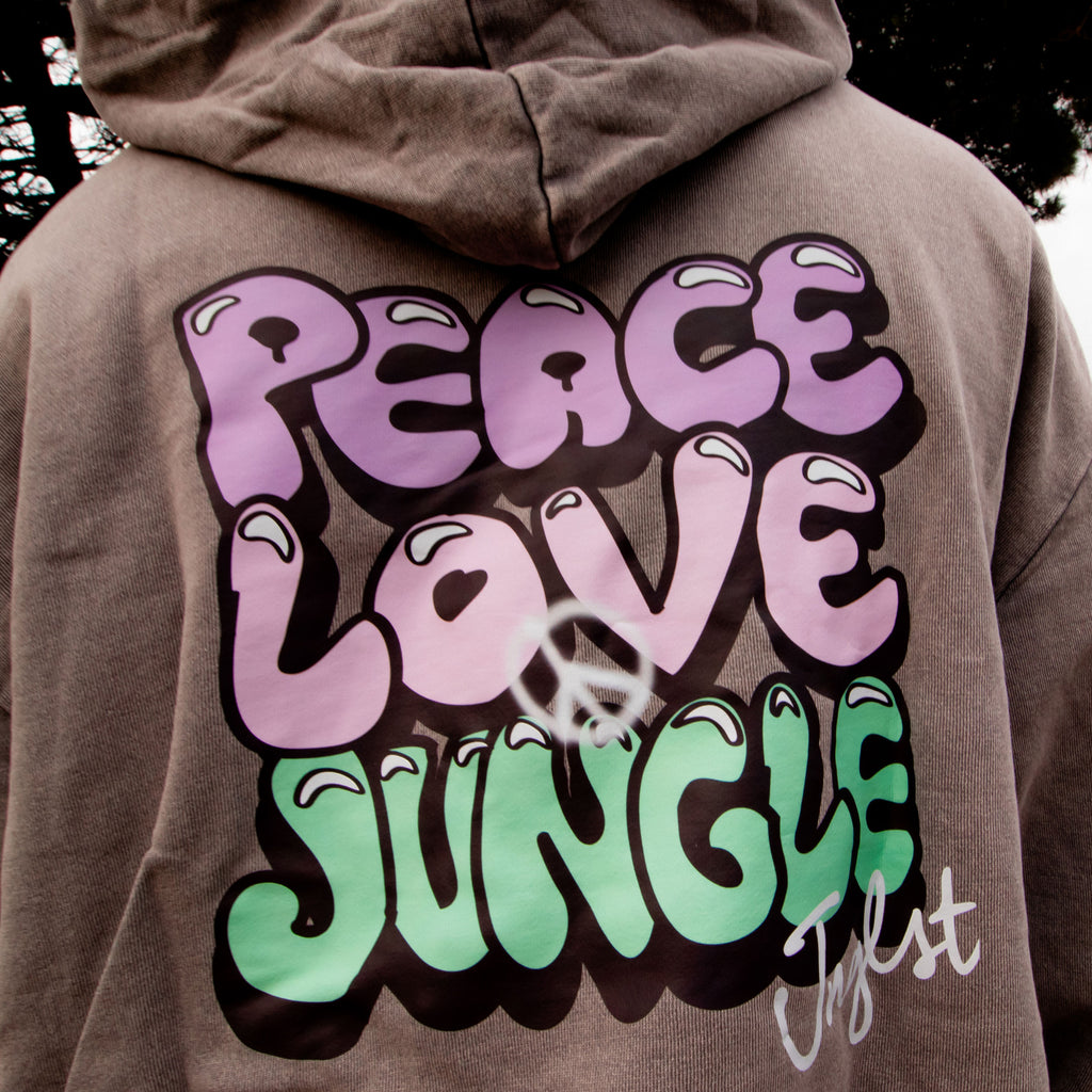 Peace Love Jungle Graffiti Grey Acid-Washed Hoodie | Junglist Network